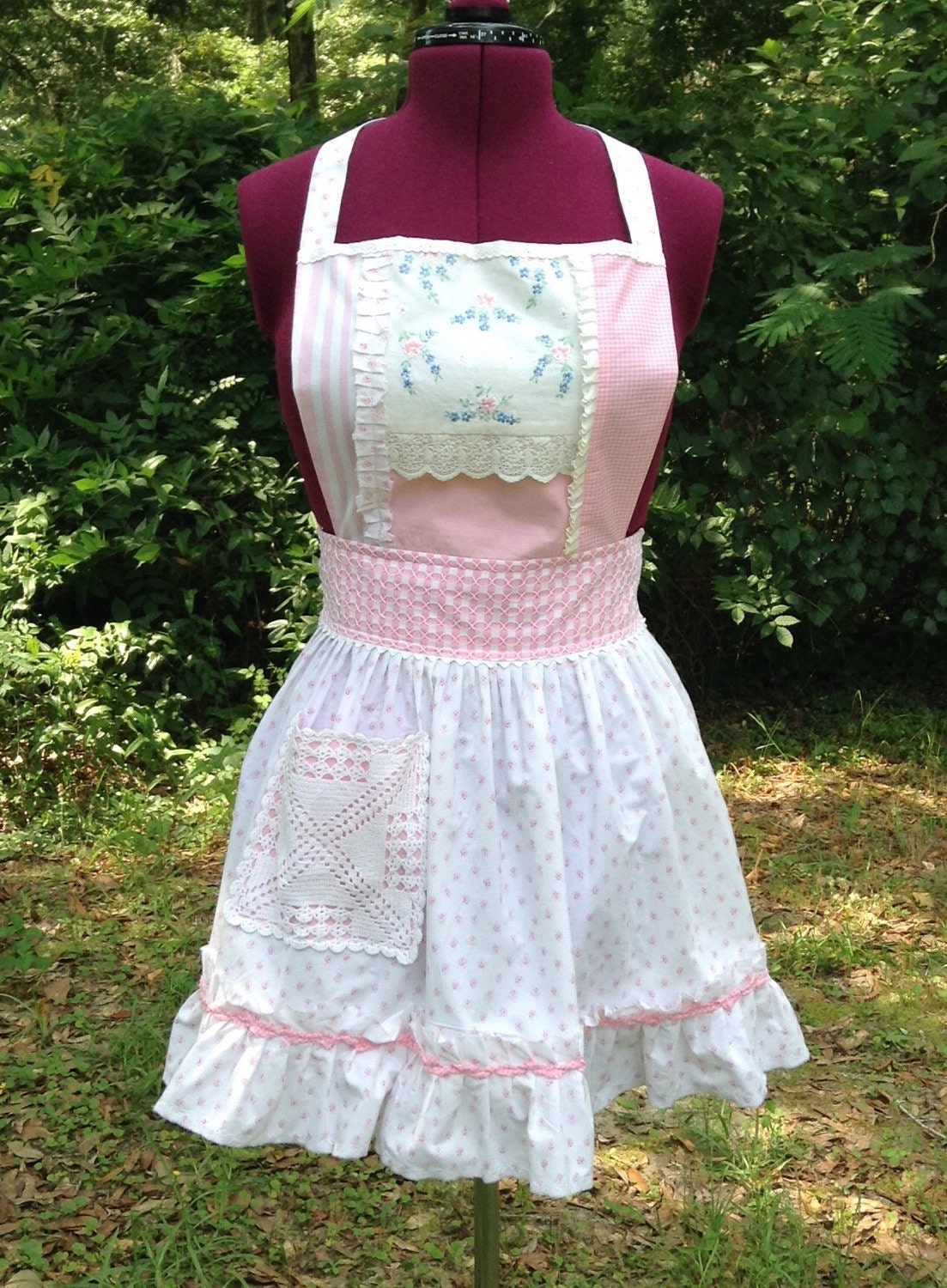 Women's handmade vintage shabby apron pink by HattieAlice on Etsy