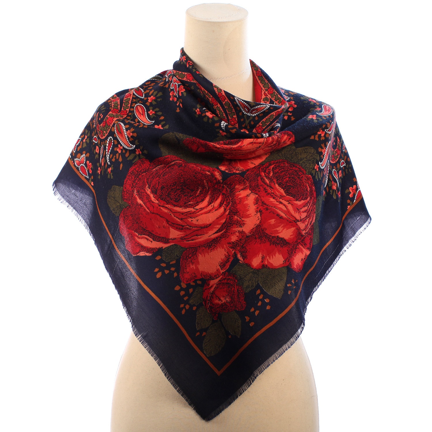 Black Wool ROSE Print SCARF Red Flowers Paisley Printed Gipsy Shawl ...