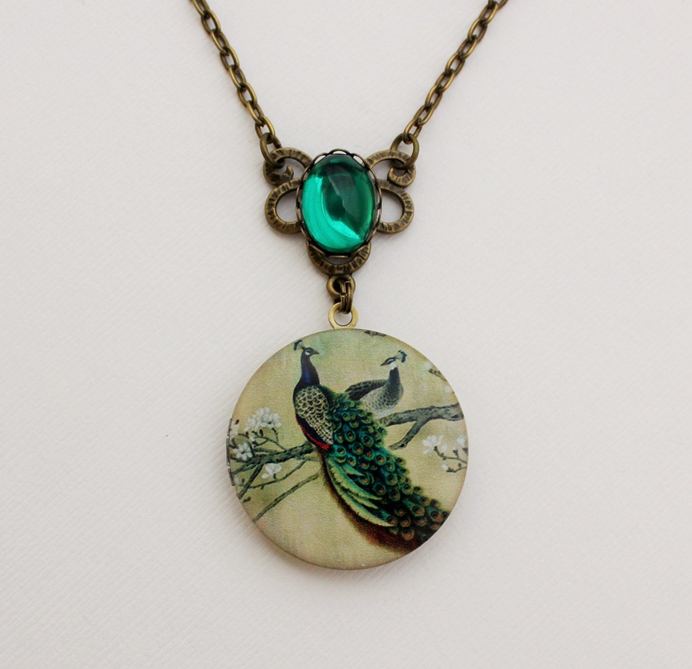Peacock Locket Necklace Long Emerald Jewelry By Wearitoutjewelz