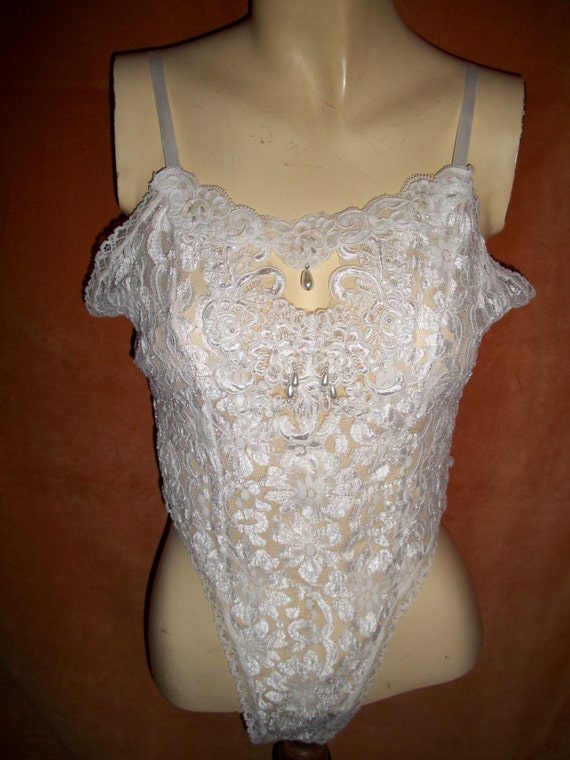 Vintage 80s French Cut Wedding White Lace Beaded Teddy By