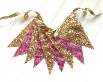 Items similar to Mini pennant fabric banner - bunting in yellow, pink ...