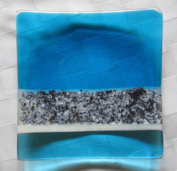 Fused Glass Plate Rocks by the River Blue River Glass River