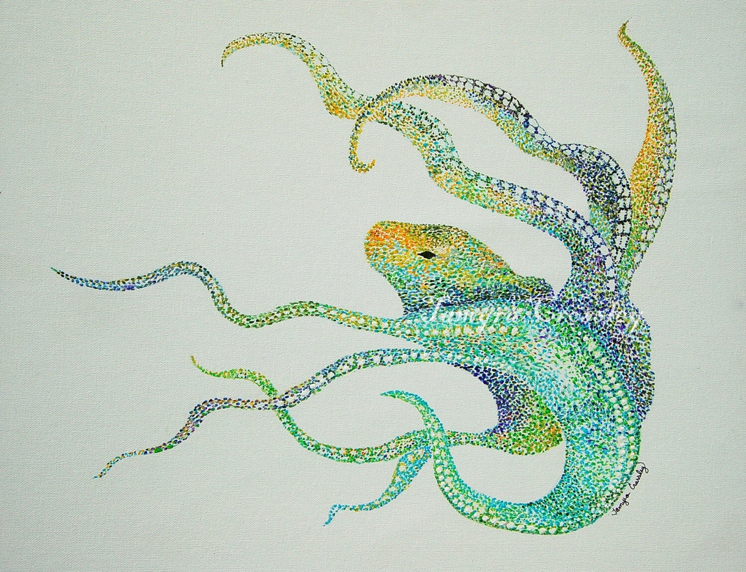 Abstract Pointillism Octopus Original Acrylic Painting. Art