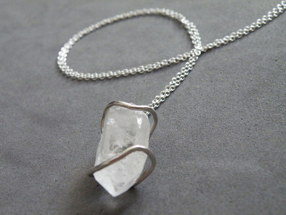 Raw Clear Quartz Pendant Necklace Sterling Silver by SteamyLab