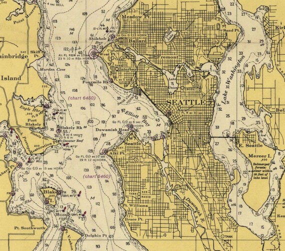 Puget Sound 1946 Nautical Map Washington PC Big Area by Oldmap