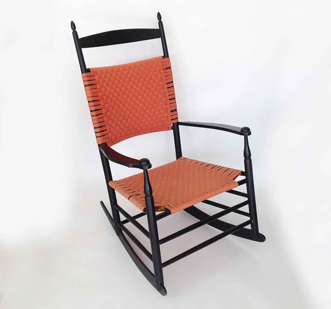 The Craftsmen Shaker Black Wood Rocking Chair w/ Faded Flag Red Cotton ...
