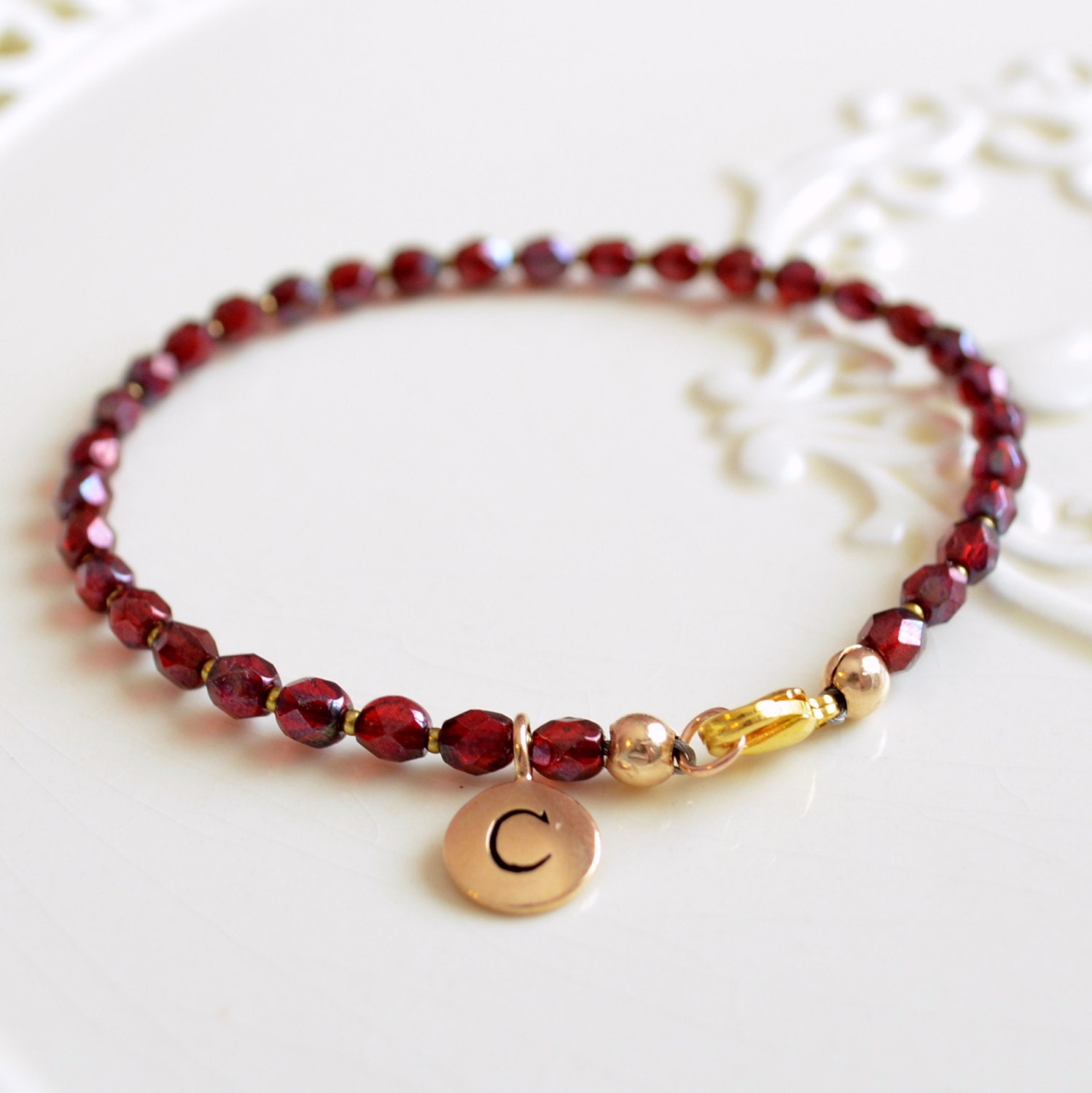 Dark Red Bracelet Beaded Simple Gold Bronze Initial Charm