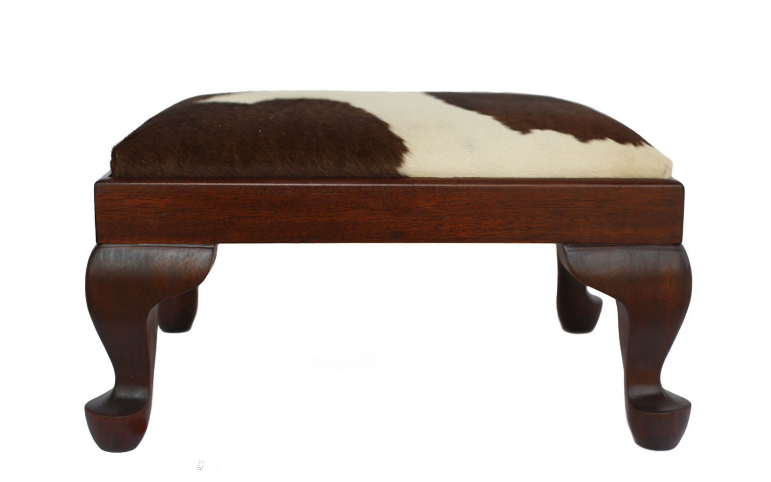 Queen Anne Cowhide Footstool – Mahogany Stool – Brown and White Leather ...