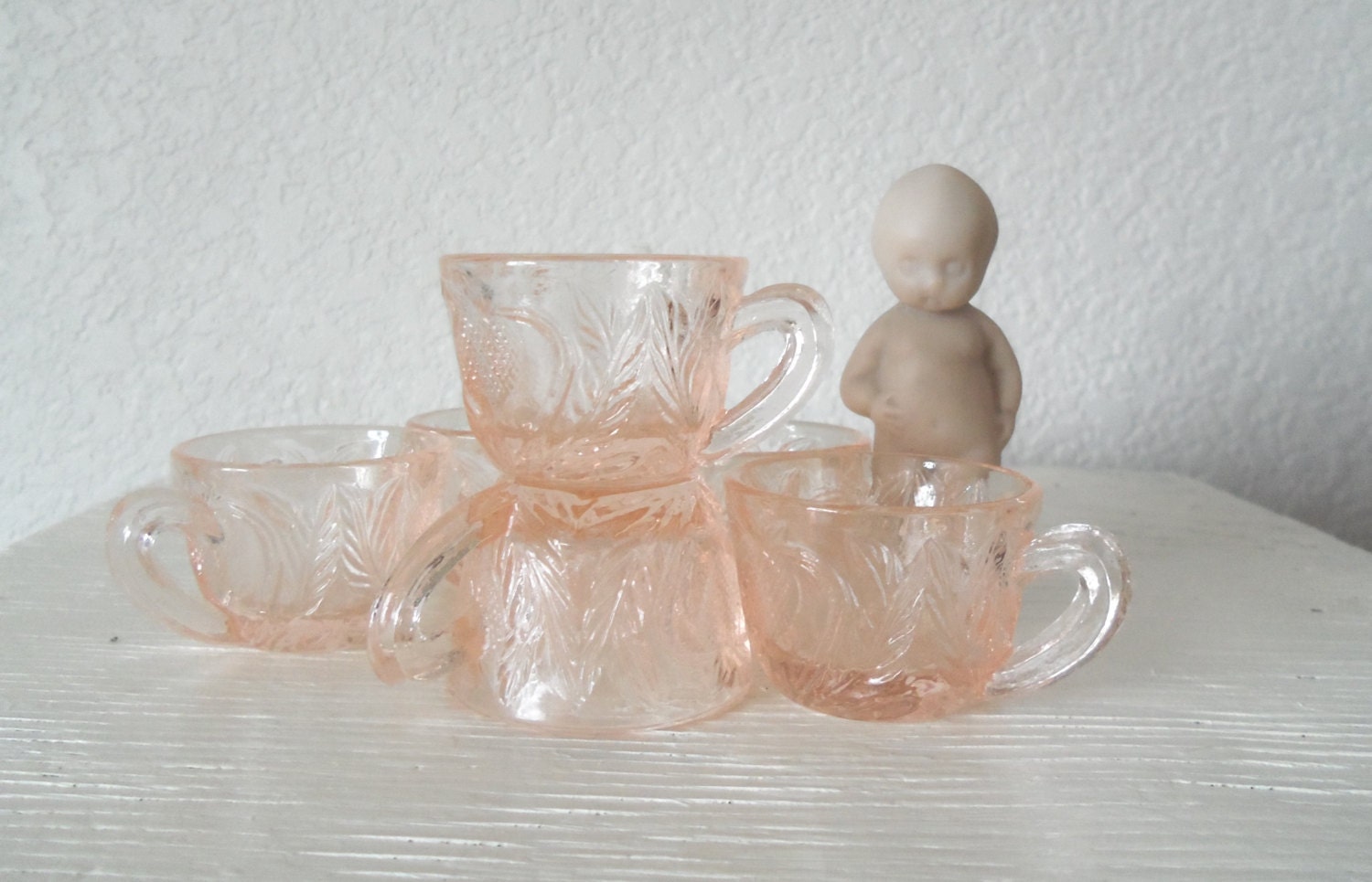 Miniature Vintage Pink Heart Depression Glass Tea Cups