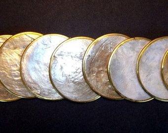 CAPIZ SHELL COASTERS Set Nine (9) Cork Back Kapis Philippines Vintage ...