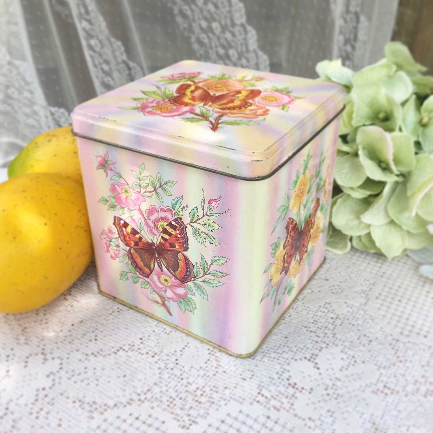 Vintage decorative Butterfly Tin Box, Daher, England, Pink, Canister ...