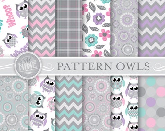 PURPLE PATTERN OWLS Digital Paper 8 1/2 x 11