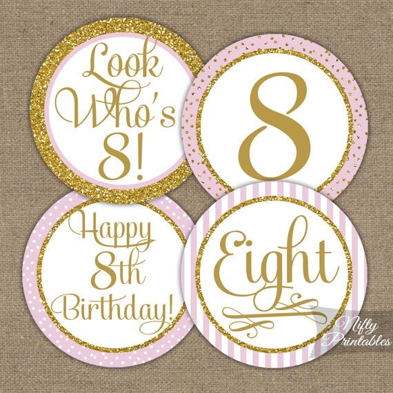 8th Birthday Cupcake Toppers Eighth Birthday Pink & Gold
