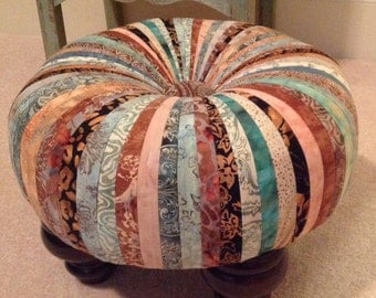 Round brown/blue tuffet, footstool, handmade