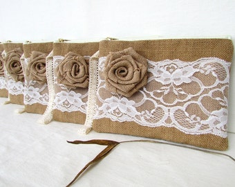 Set of 5/ PERSONALIZED bridesmaid clutch /Bridesmaid Gift /burlap lace ...