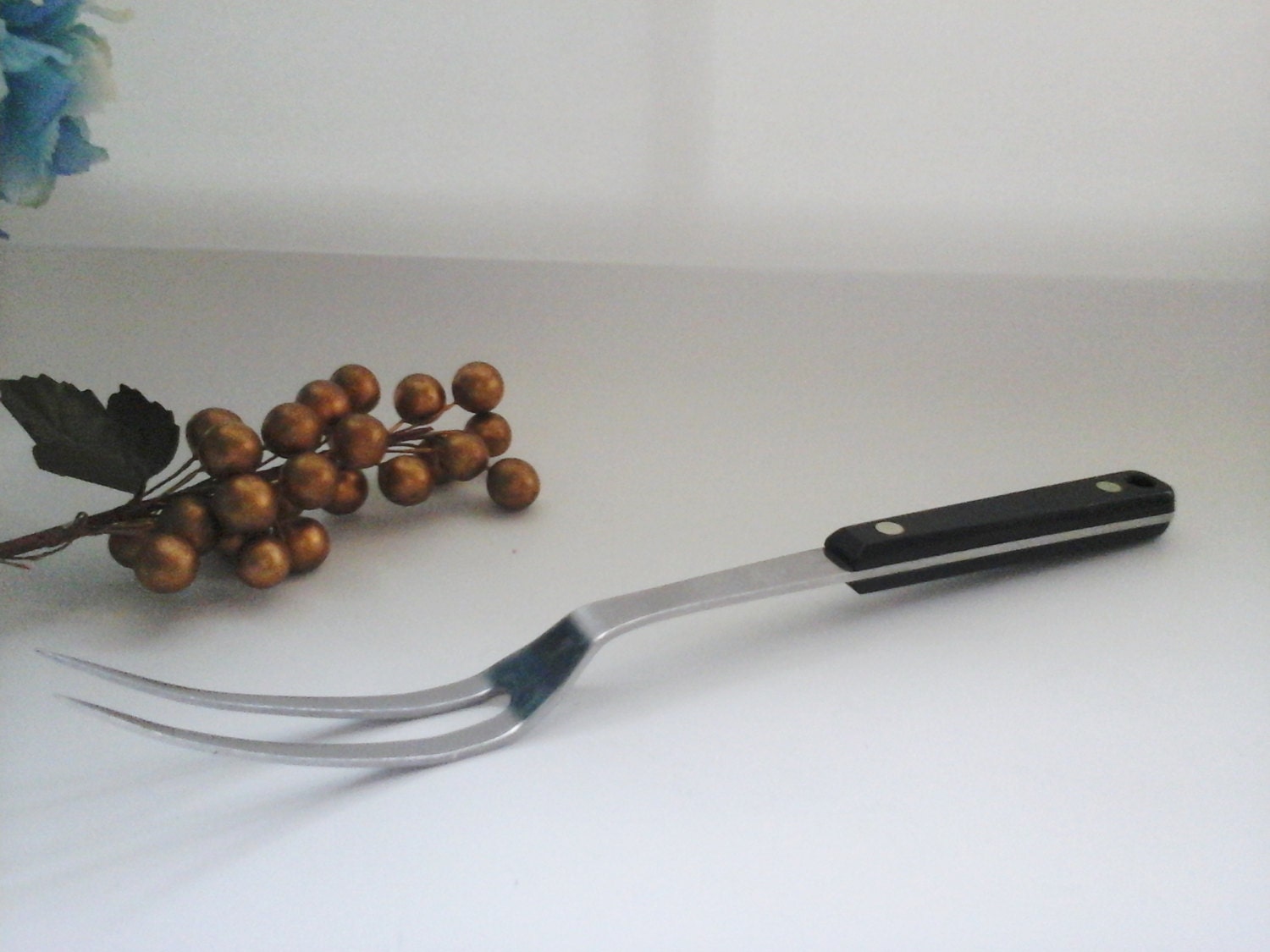 Vintage FLINT Large Stainless Steel Serving CARVING Table Meat Fork Wood Handle Heavy Turkey ...