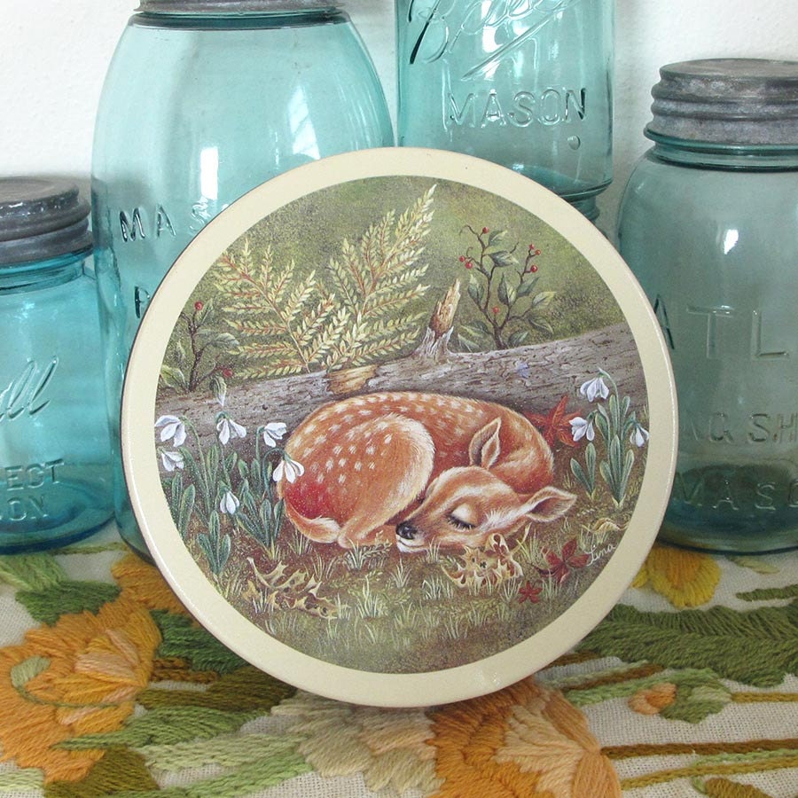 Sleeping Fawn in the Woods Vintage Tin in Green and Cream colors ...