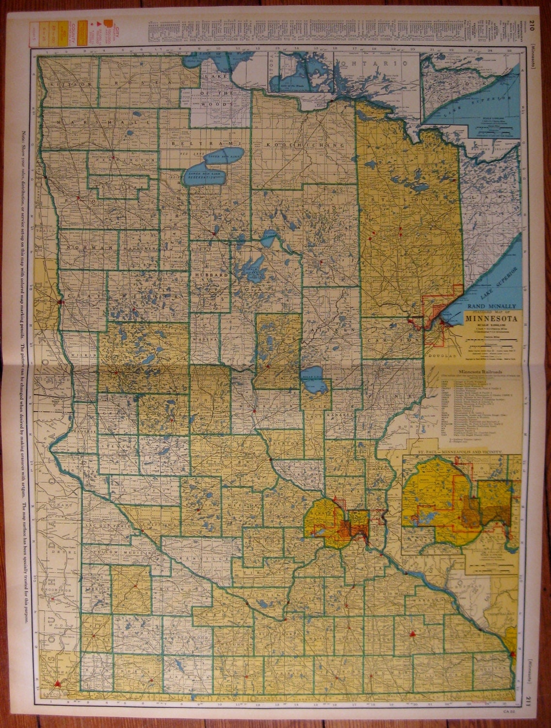 1944 Antique MINNESOTA Map of Minnesota Print with Railroads
