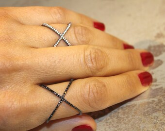 Black Rhodium X Rings with clear and black zircons - Size 6 7 & 8