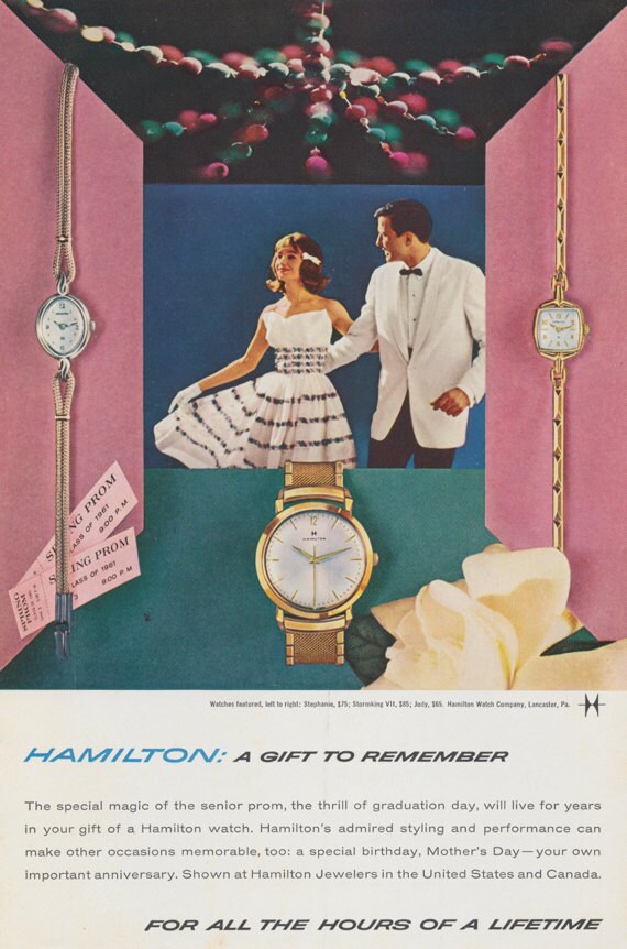 1961 Hamilton Watch Ad Prom Couple Photo Mad Men Era Vintage