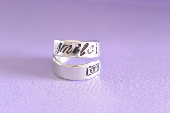 Smile Hand Stamped Ring Camera Spiral by StampedExpressionsCo