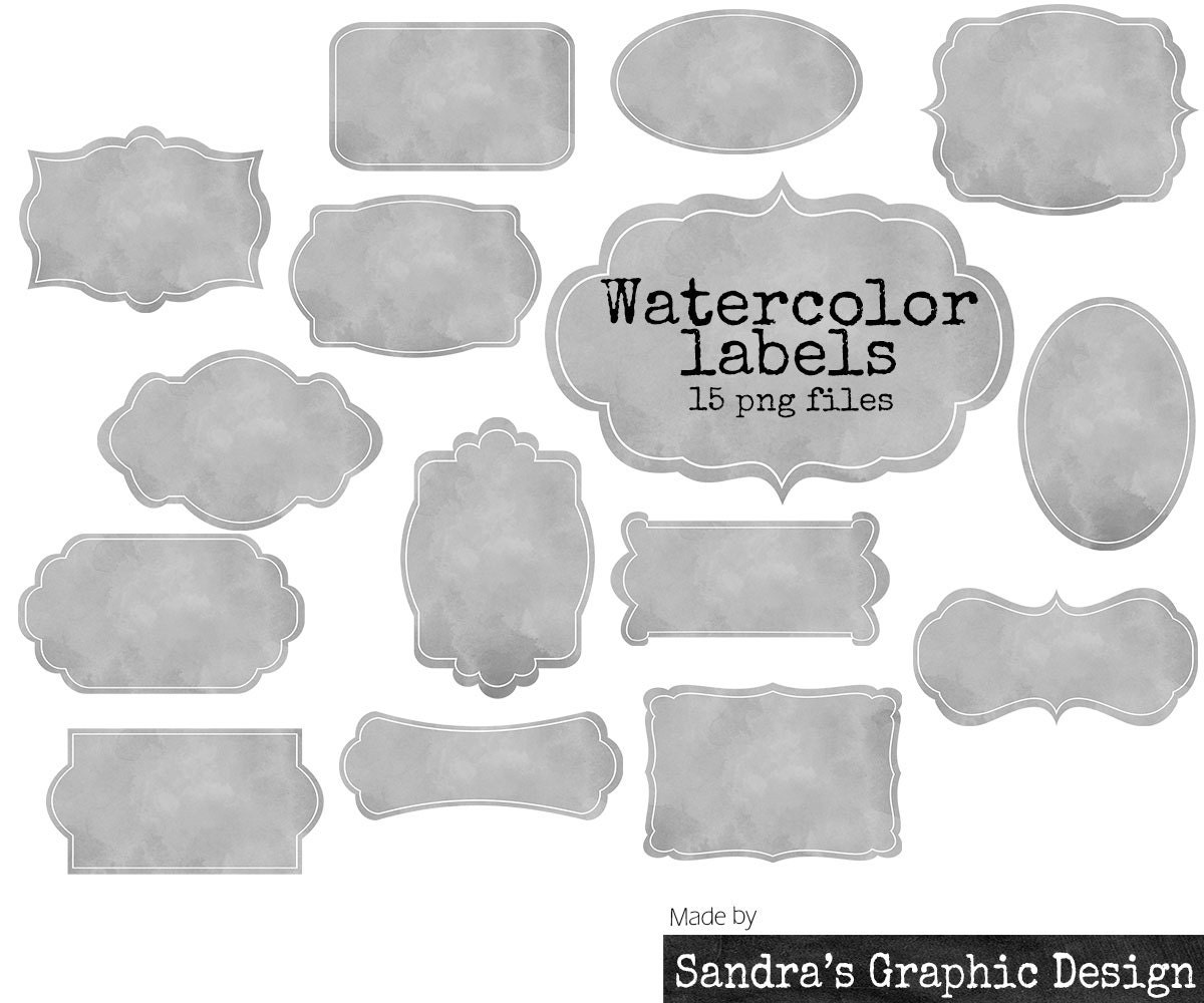 Watercolor labels clipart, with 15 grey watercolor labels in different ...