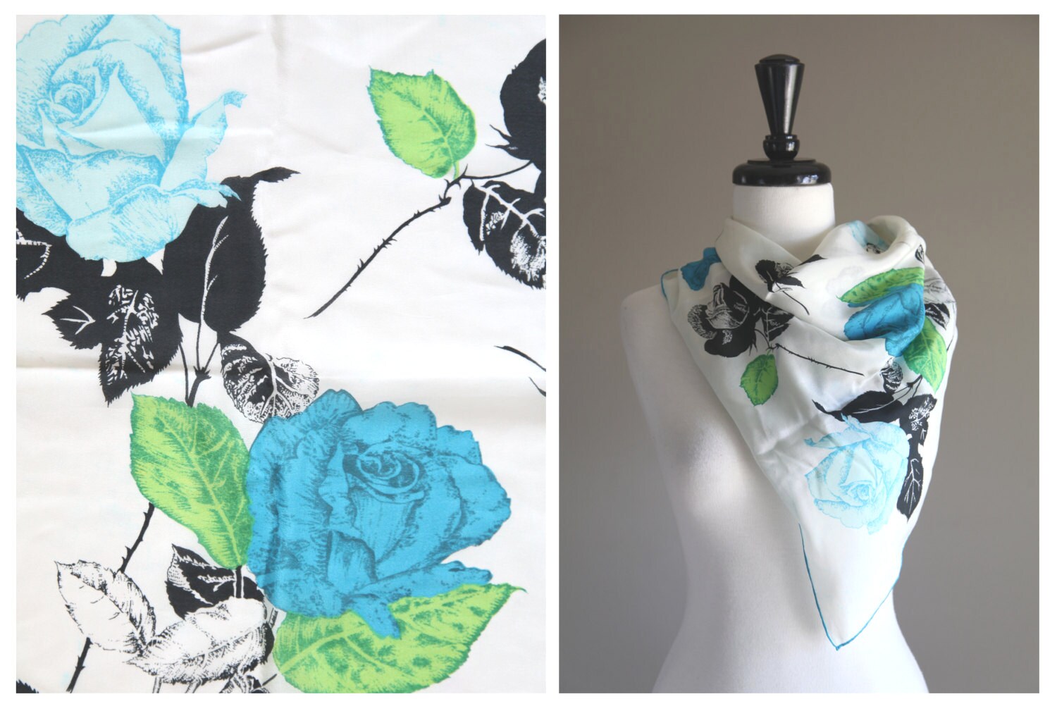 Beautiful Vintage 1950s Silk Scarf w/ Blue Turquoise Green