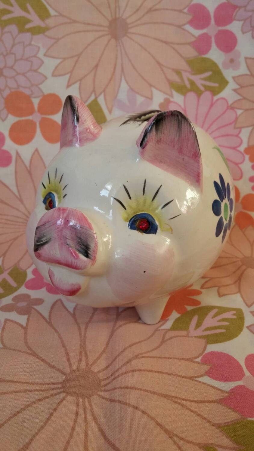 Vintage kitsch piggy bank flowers and sparkly eyes 1950s 1960s retro ...
