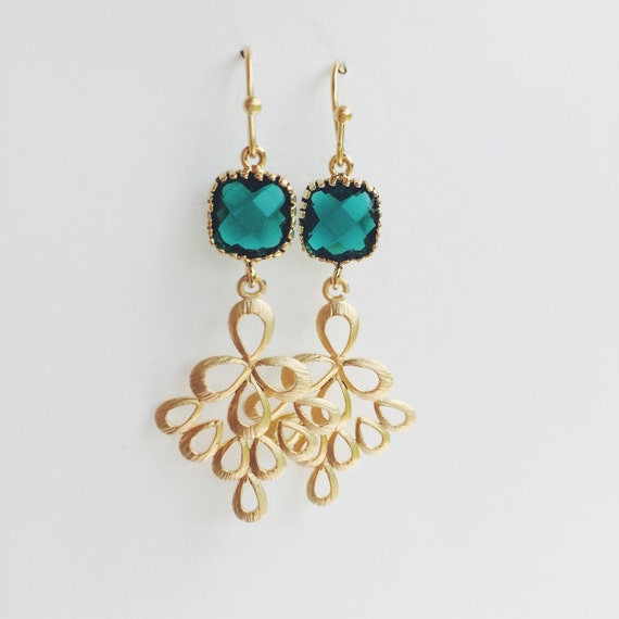 Peacock Earrings in Matte Gold with Emerald by PumpkinsandPoppies Peacock Earrings in Matte Gold with Emerald by PumpkinsandPoppies