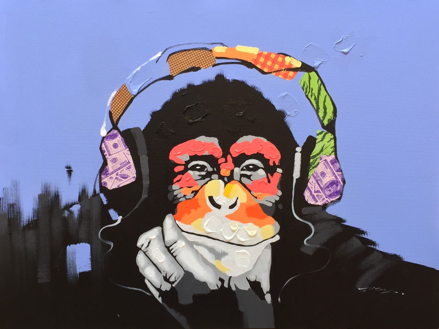 36 x 48 Colorful Abstract Monkey With Headphones