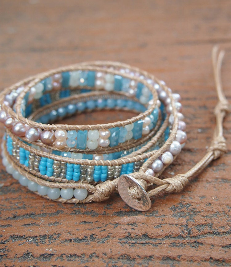5 Times Wrap Bracelet Blue Stone Beaded Mix Boho By G2fdesign