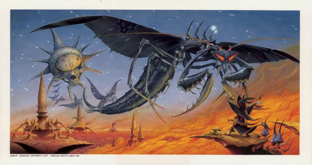 Legacy original by Rodney Matthews Praying Mantis Album Cover