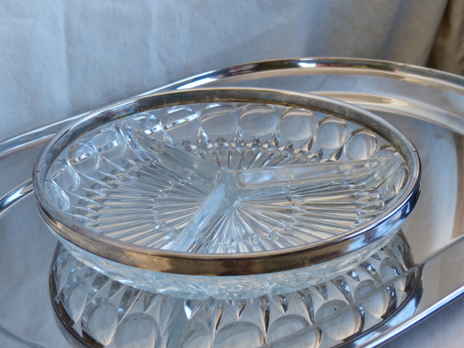 Mid Century 1970 Condiment Relish Plate Round 3 Wells Silver Rim Cut ...