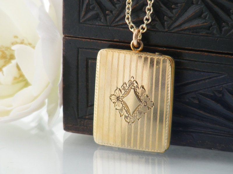Antique Locket / Art Deco Gold Filled Photo Locket / Gold Pin Striped ...