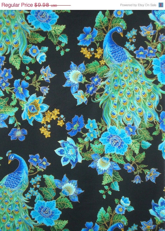 ON SALE Stunning Peacock with Metallic Gold by fabricsandtrimmings