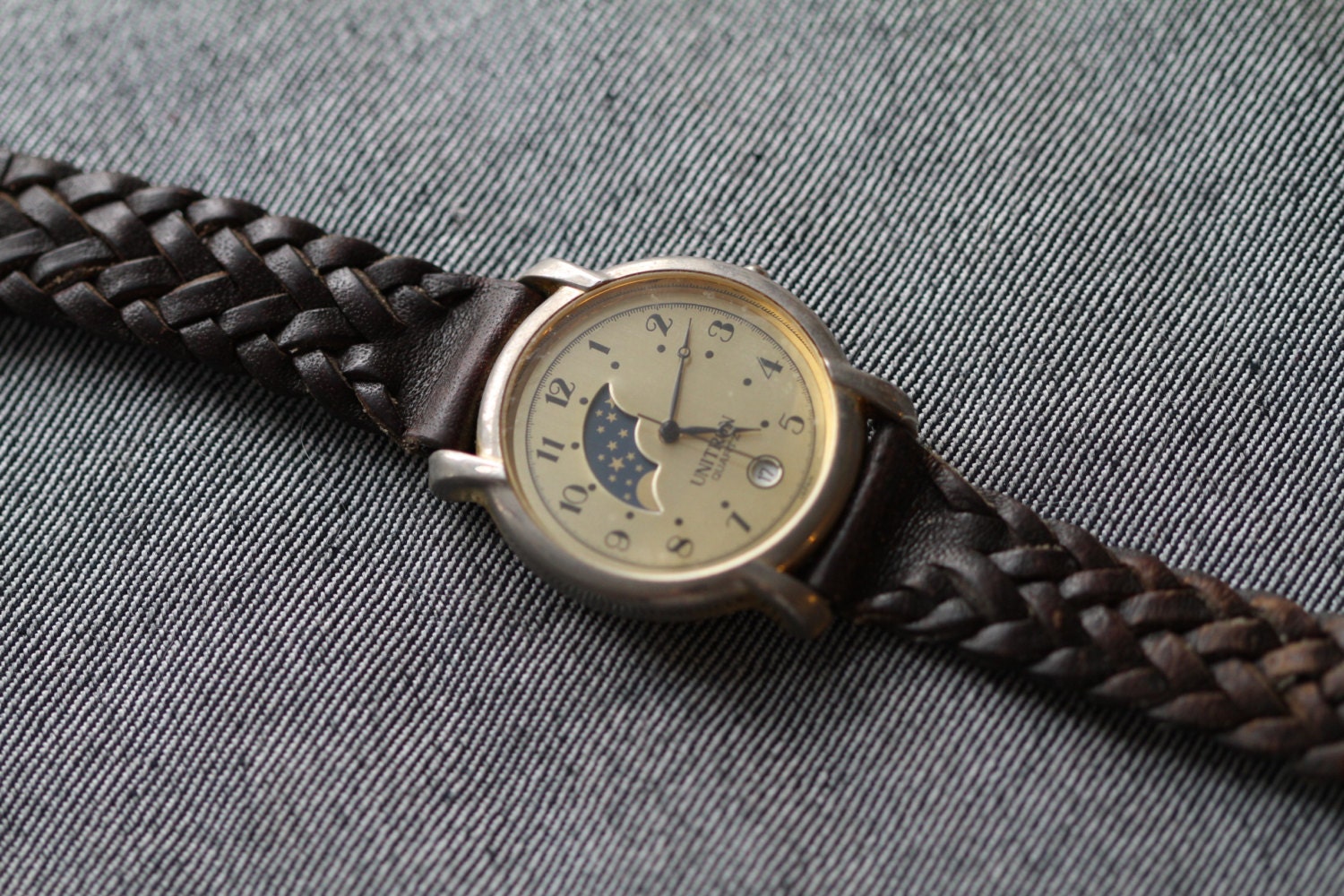 Vintage Quartz Unitron Moonphase Watch Braided Leather Strap