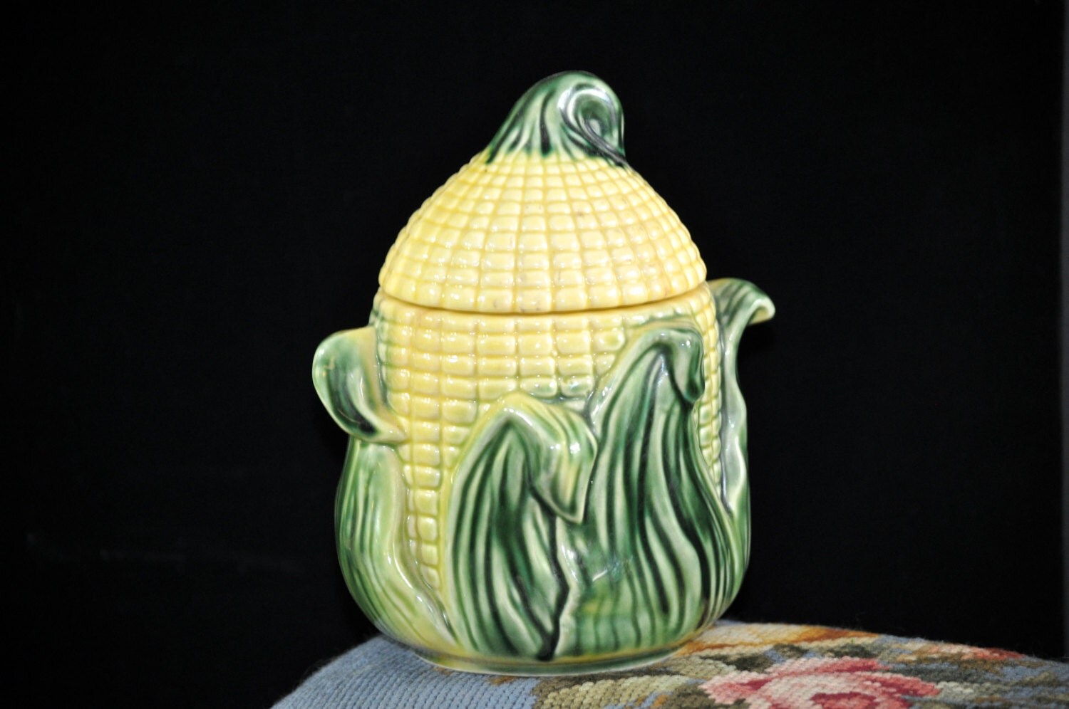 Vintage Corn Jar With A Lid As Is Hairline Antique Yellow Sugar Jar Green Antique Jar Not