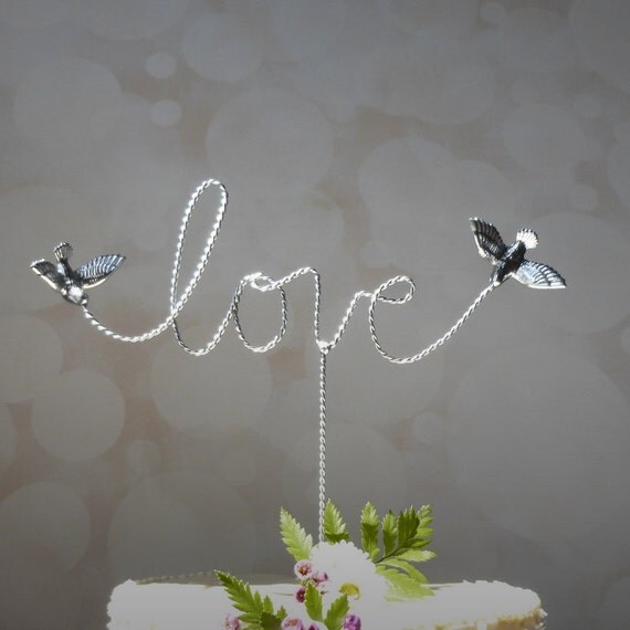 Silver Cake Topper Wire Cake Topper Love by WoodenHeartButtons