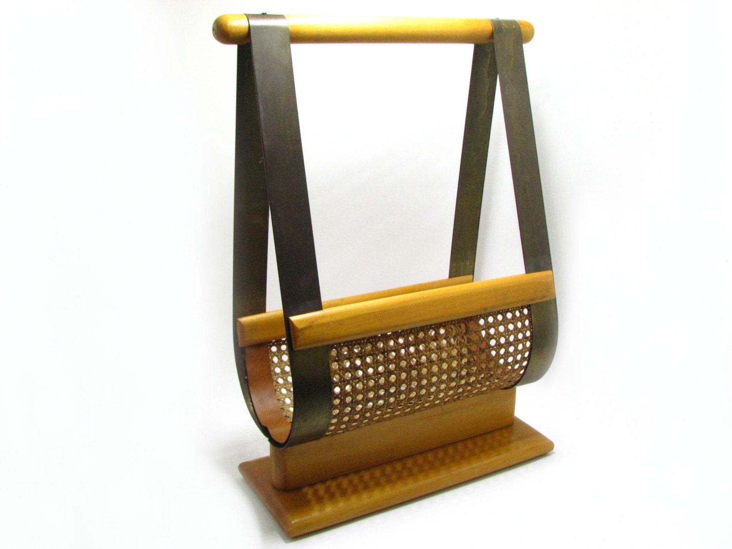 Vintage Wooden Newspaper Rack / Mid Century Magazine Holder / Wicker ...