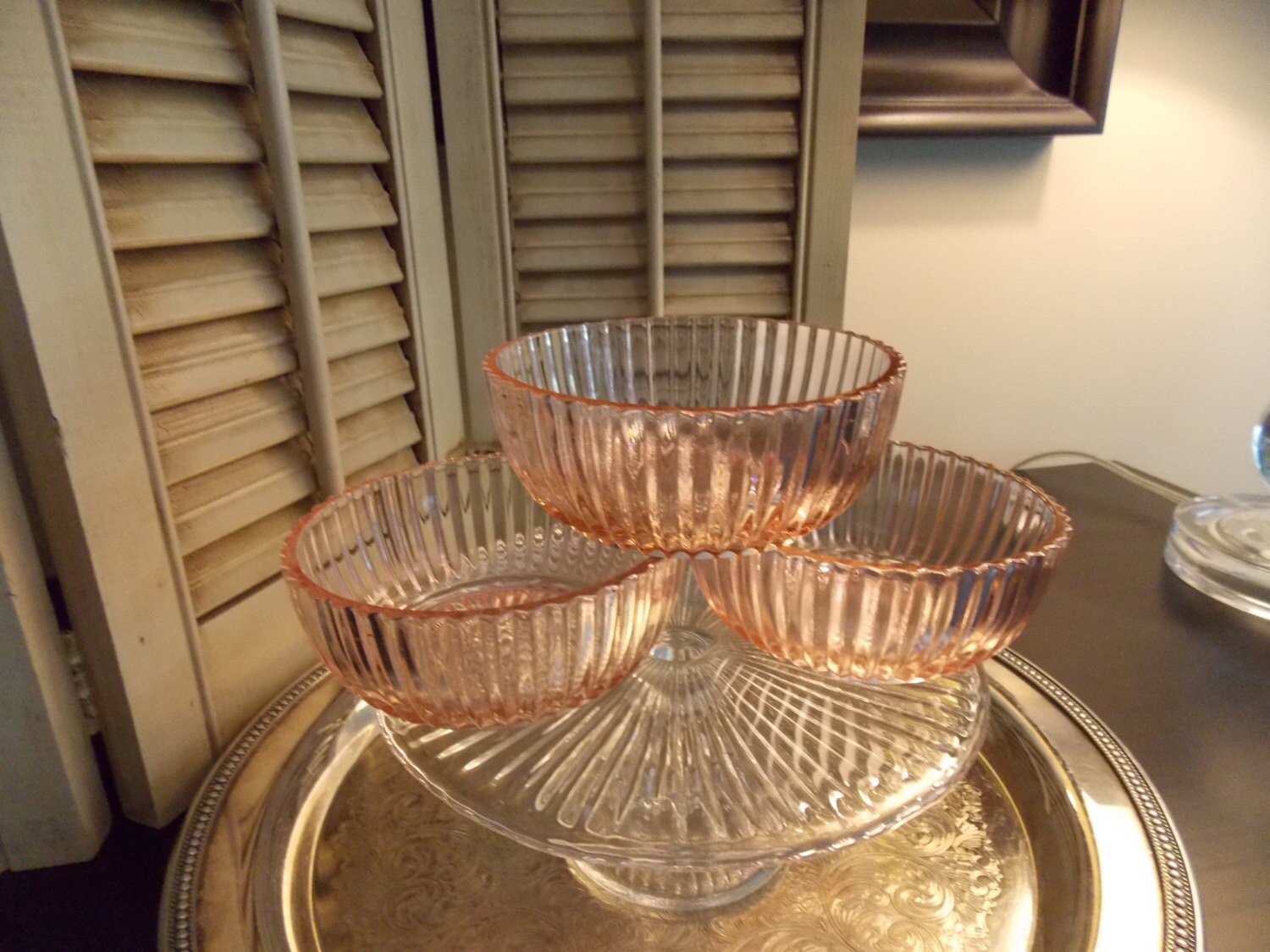 PINK DEPRESSION GLASS Berry Bowls, Set of Three Pink Ribbed Glasses in ...