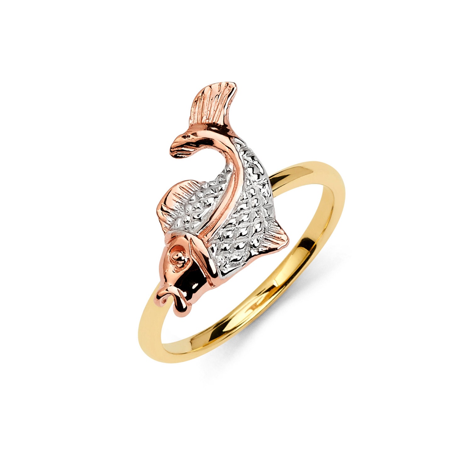 14K Tricolor Fish Ring Fish Ring Gold Ring Fish Jewelry