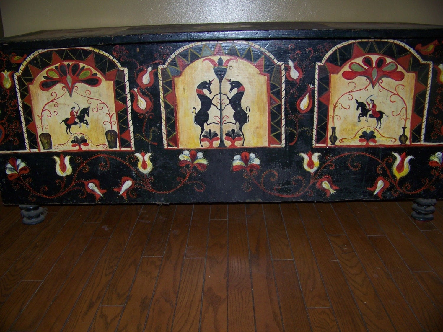 19th century American poplar polychrome painted blanket chest with ...