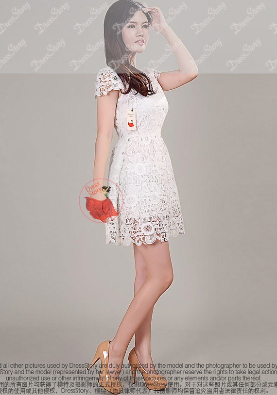White Lace Dress with Translucent Neck and Back by DressStory
