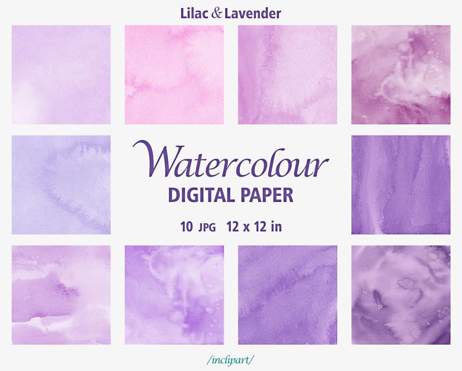 Lilac & Lavender Watercolour Digital Paper Clip Art. Set of 10
