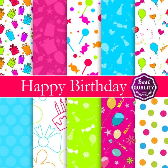 Happy Birthday digital paper pack with birthday patterns to