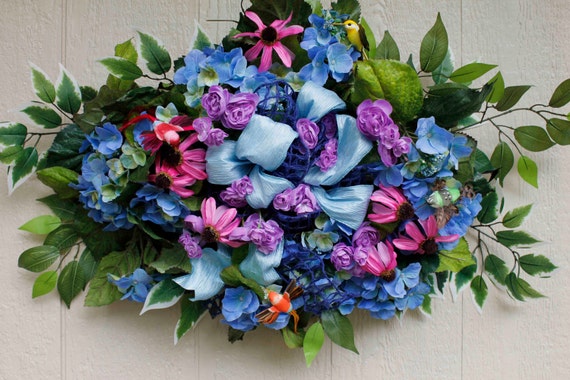 Blue Hydrangeas Pink Cone Purple Roses 4 Hummingbirds SwagBlue