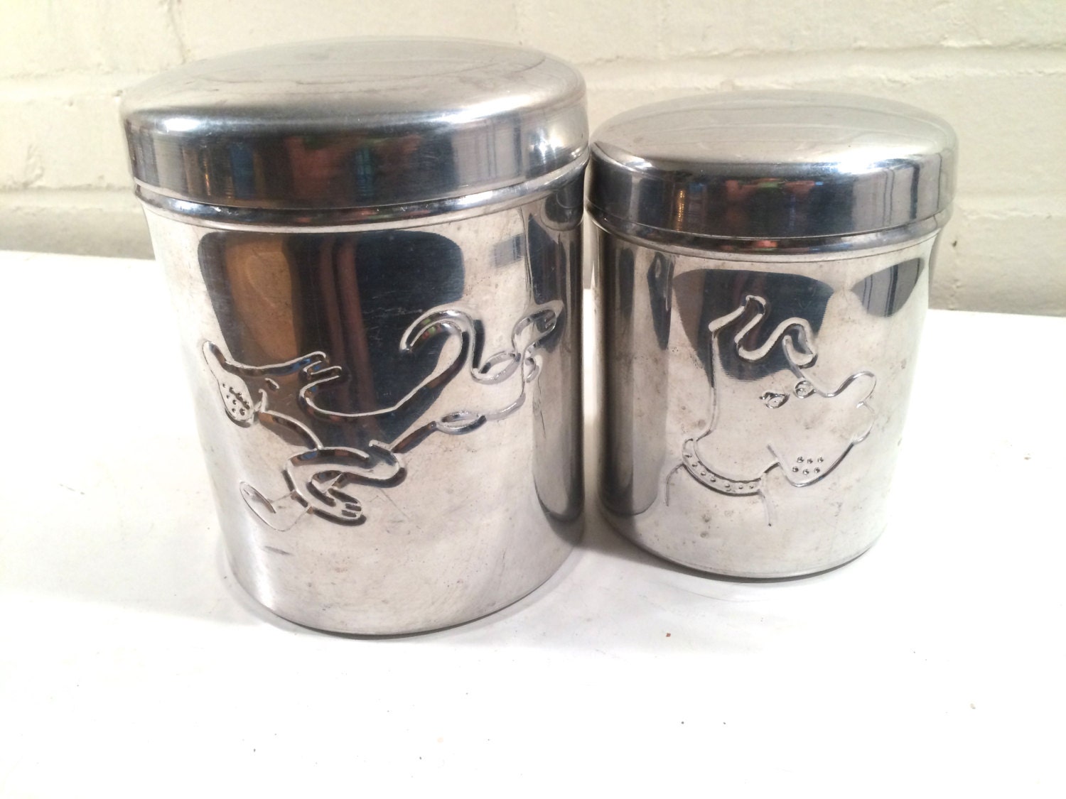 Vintage Set of 2 aluminum Dog Treat Canisters, Mid Century Modern Dog ...