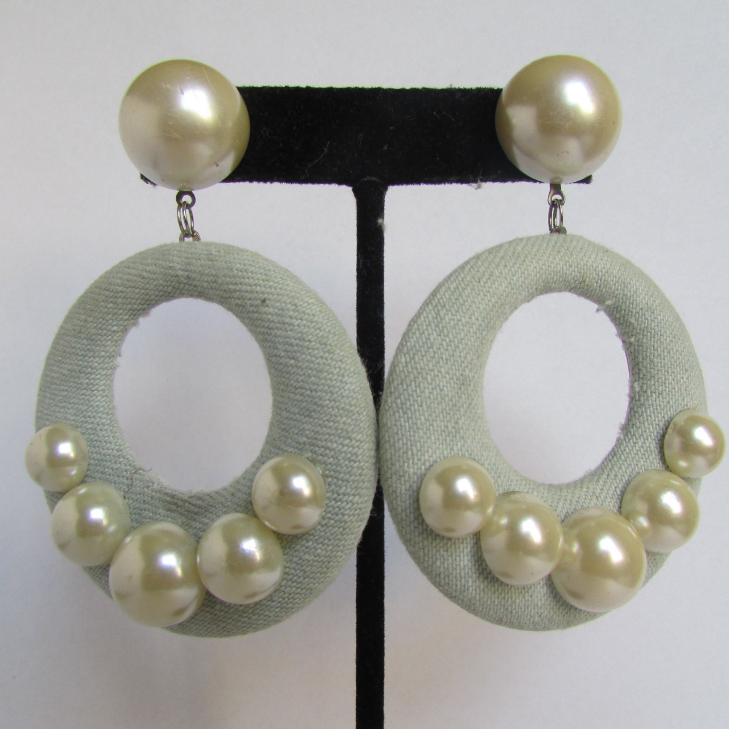 Vintage earrings – Light blue denim with faux pearl drop earrings- 90s ...
