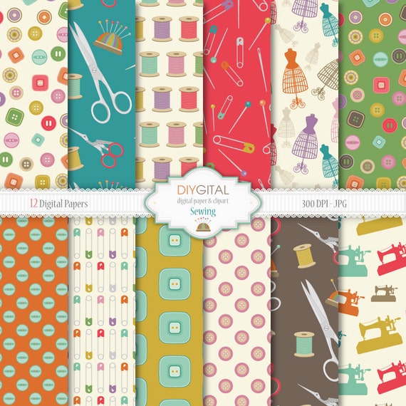 Sewing Digital Paper Set Set 12 Digital Papers Vintage