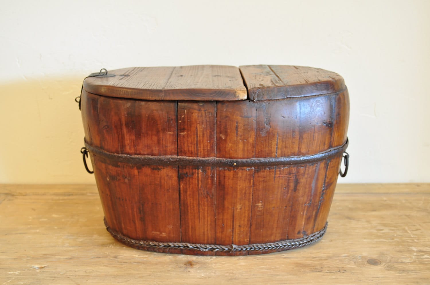 Vintage Two Handled Bucket or Wooden Storage Bin, Chinese Wood Bucket ...
